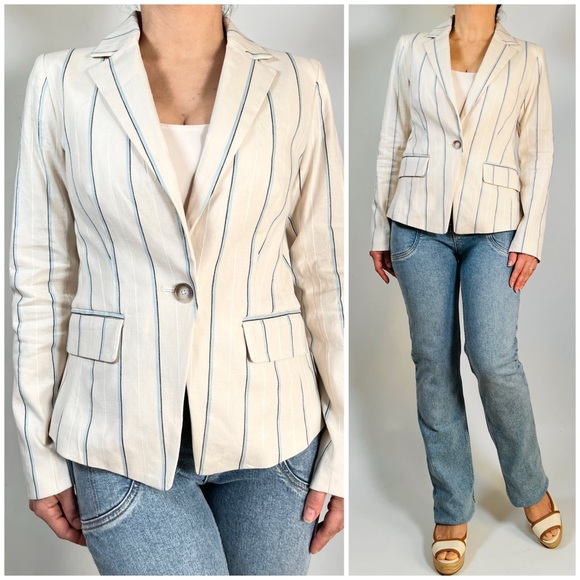 LOFT | Jackets & Coats | Womens Loft White And Blue Striped Linen Blend ...